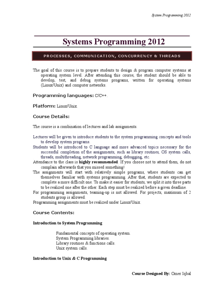 System Programming Course Outline 2012 Download Free Pdf Thread Computing Process