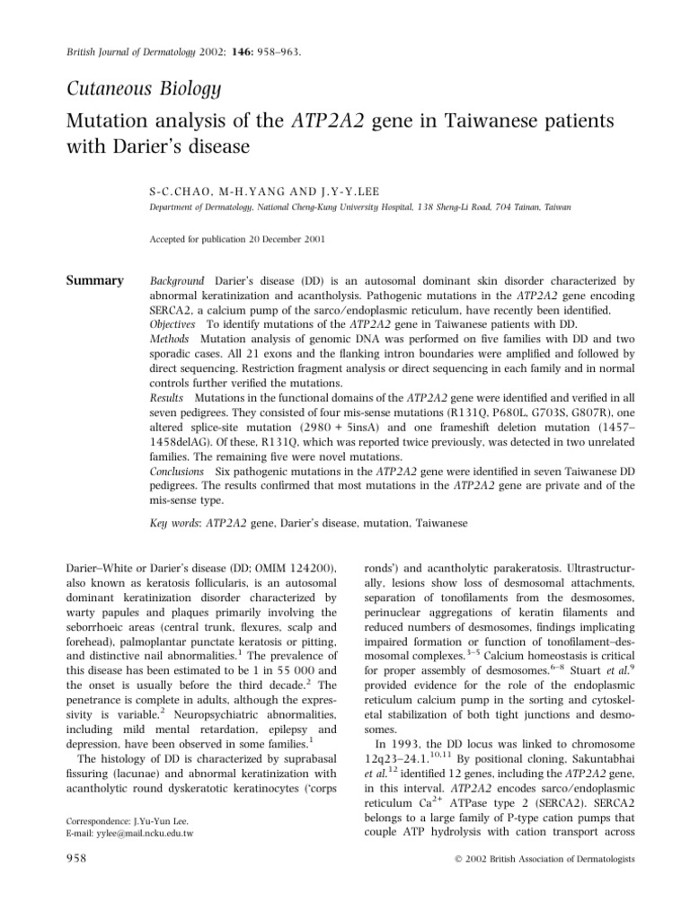 Mutation Analysis of The ATP2A2 Gene in Taiwanese Patients With Darier ...