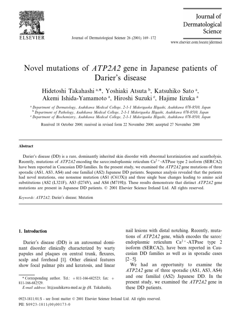 Novel Mutations of ATP2A2 Gene in Japanese Patients of Darier's Disease ...