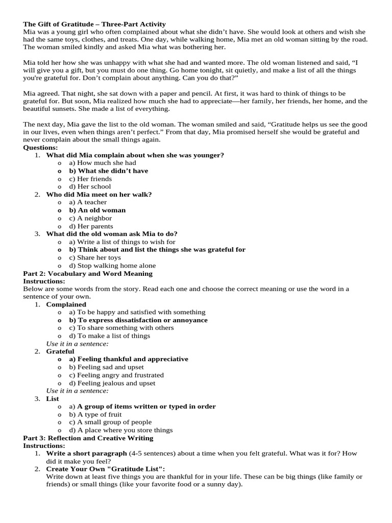 Reading Comprehension Activity 2 | PDF | Gratitude