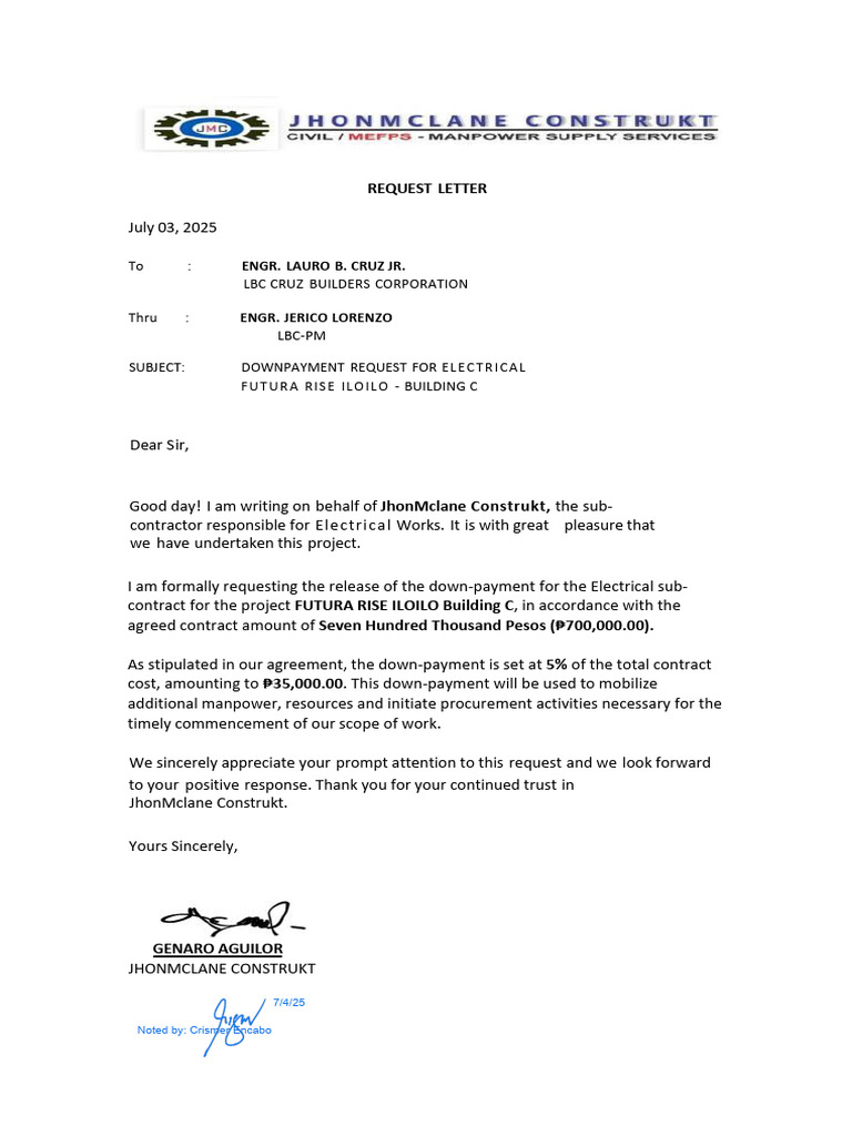 Futura Rise Iloilo Bldg. c - Electrical Downpayment Request | PDF