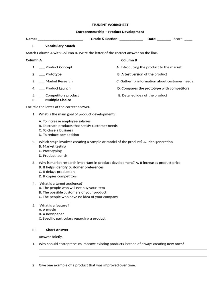 Product and Development Worksheet | PDF