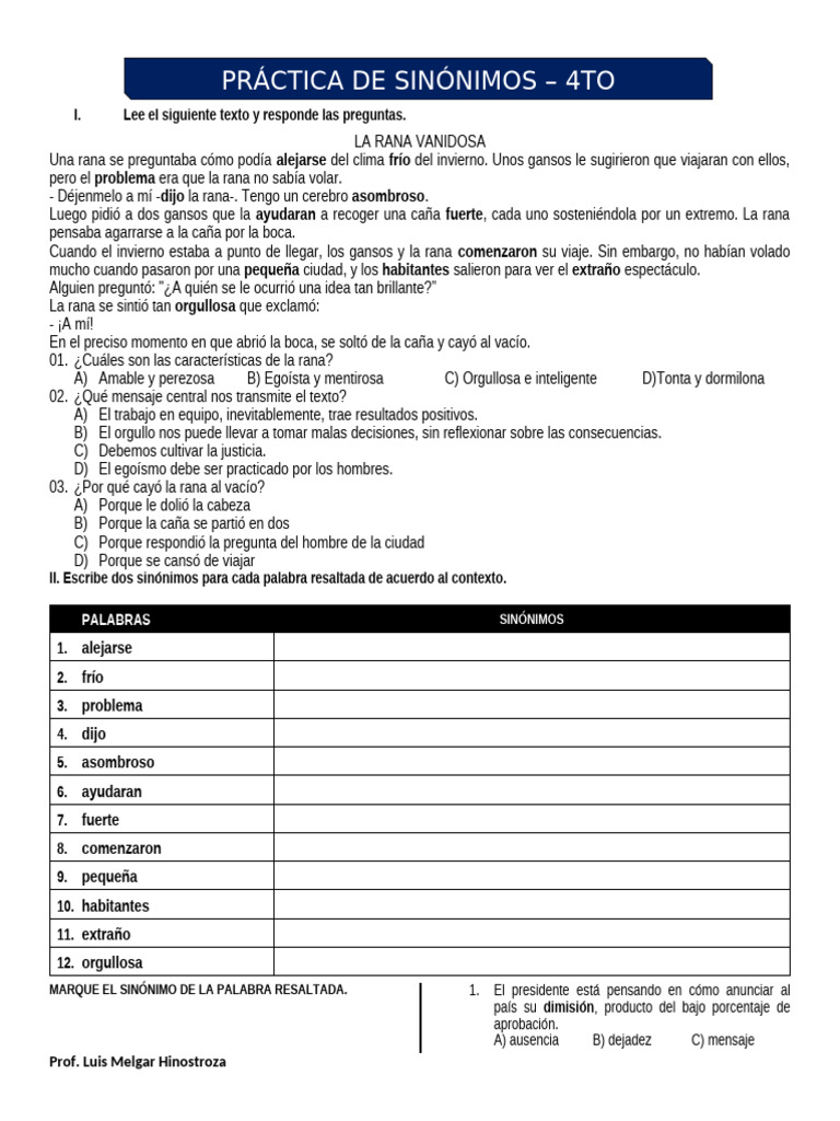 Práctica de Sinónimos 2024-4to | PDF
