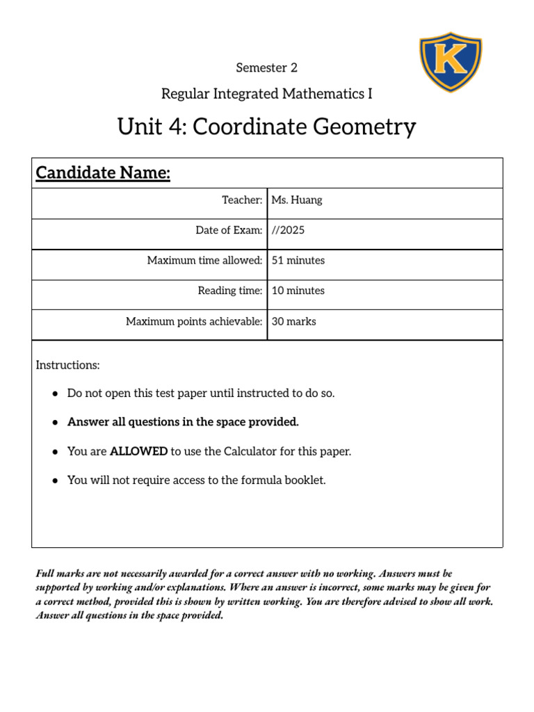 Honor - IM 1 Unit 4 - Coordinate Geometry Unit Test | PDF | Mathematics ...