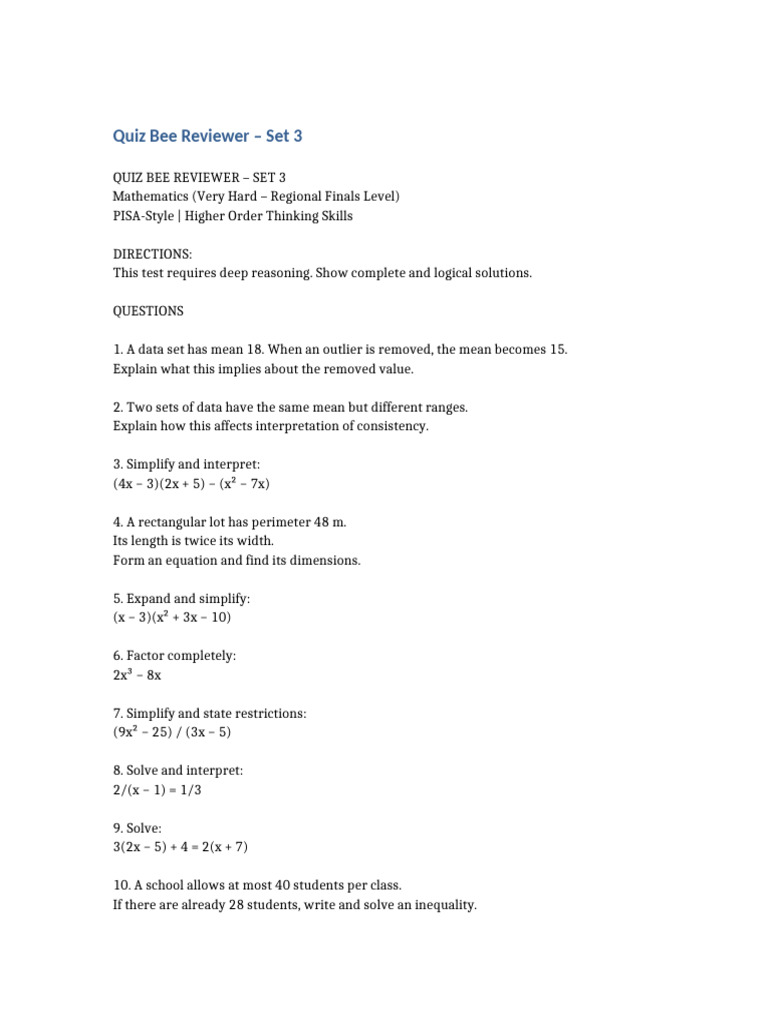 Quiz Bee Set3 Exam and Answer Key | PDF | Mean | Mathematics
