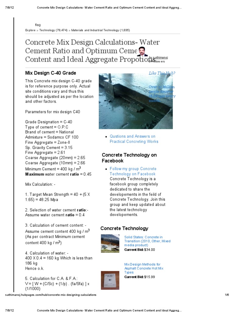 Concrete Mix Design Calculations - Water Cement Ratio and Optimum ...