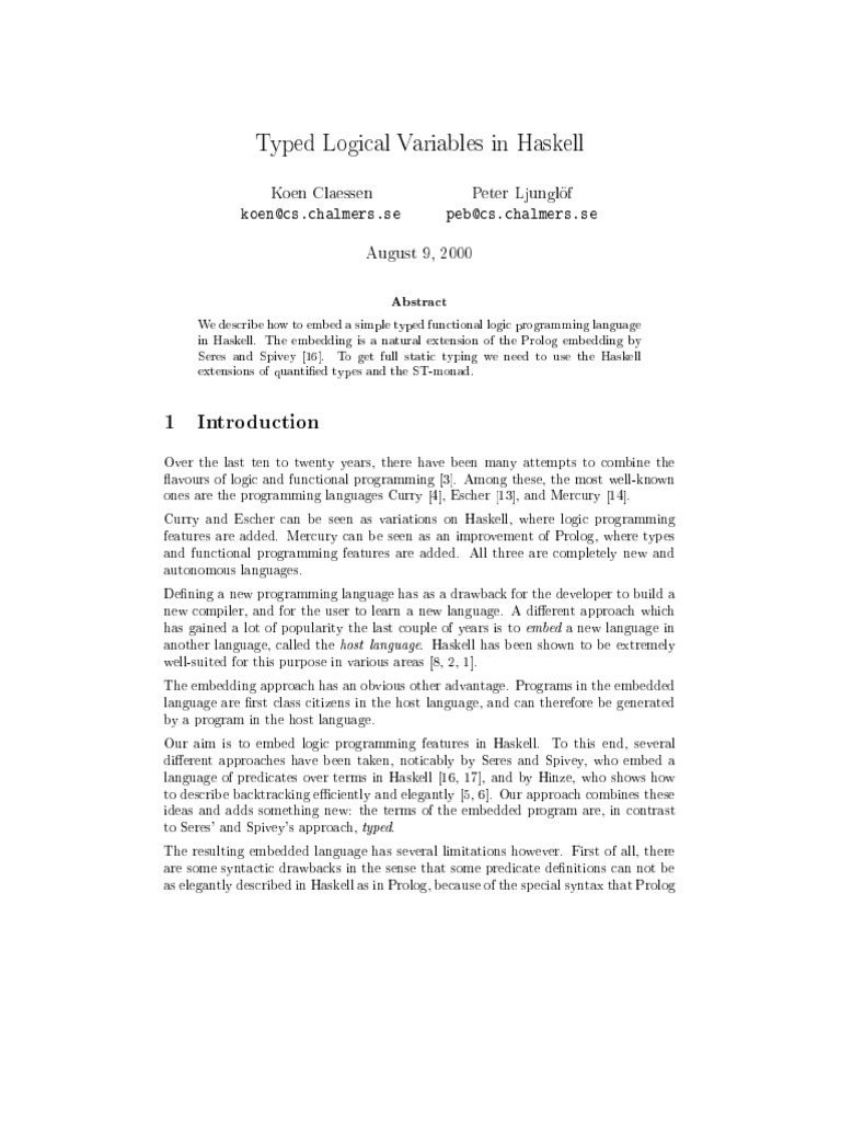 Typed Logical Variables in Haskell (Claessen, Ljunglof) | PDF | Data ...
