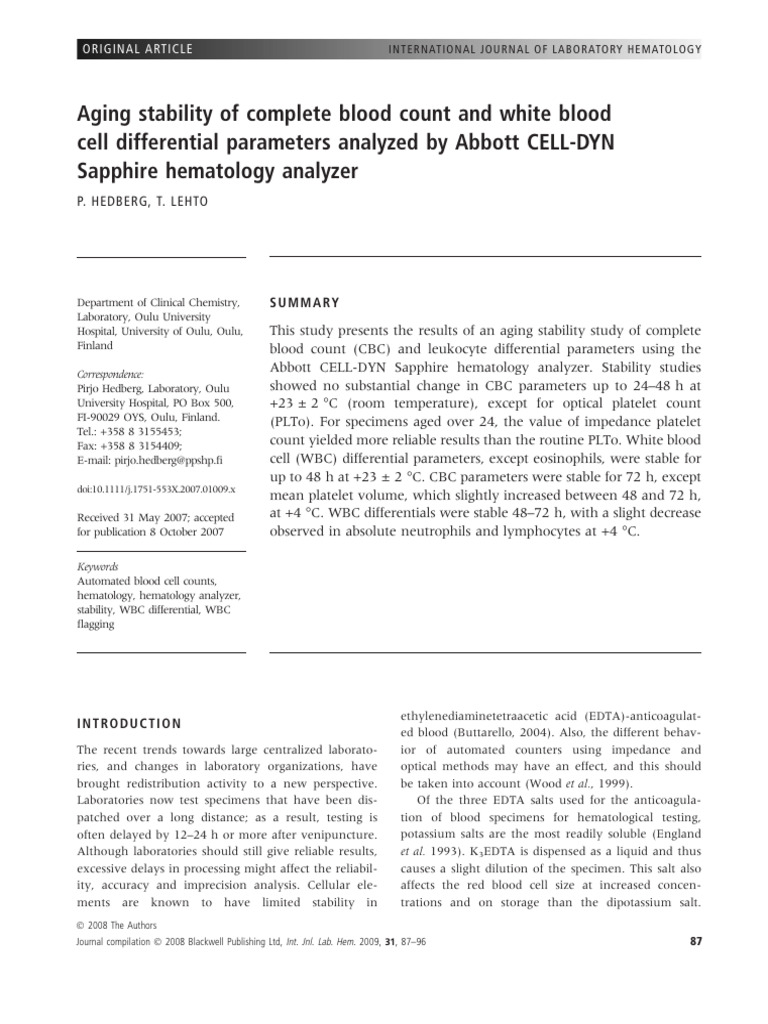 Int J Lab Hematology - 2009 - HEDBERG - Aging Stability of Complete ...
