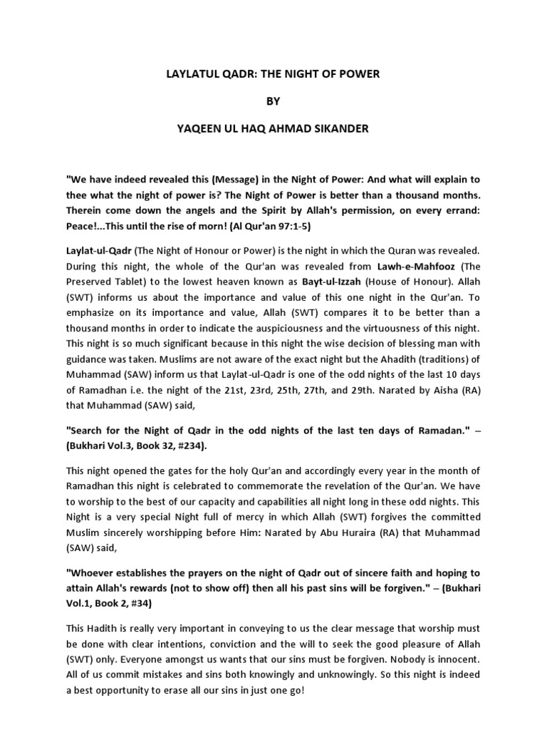 Laylatul Qadr: Night of Power Guide | PDF | Ramadan | Muhammad