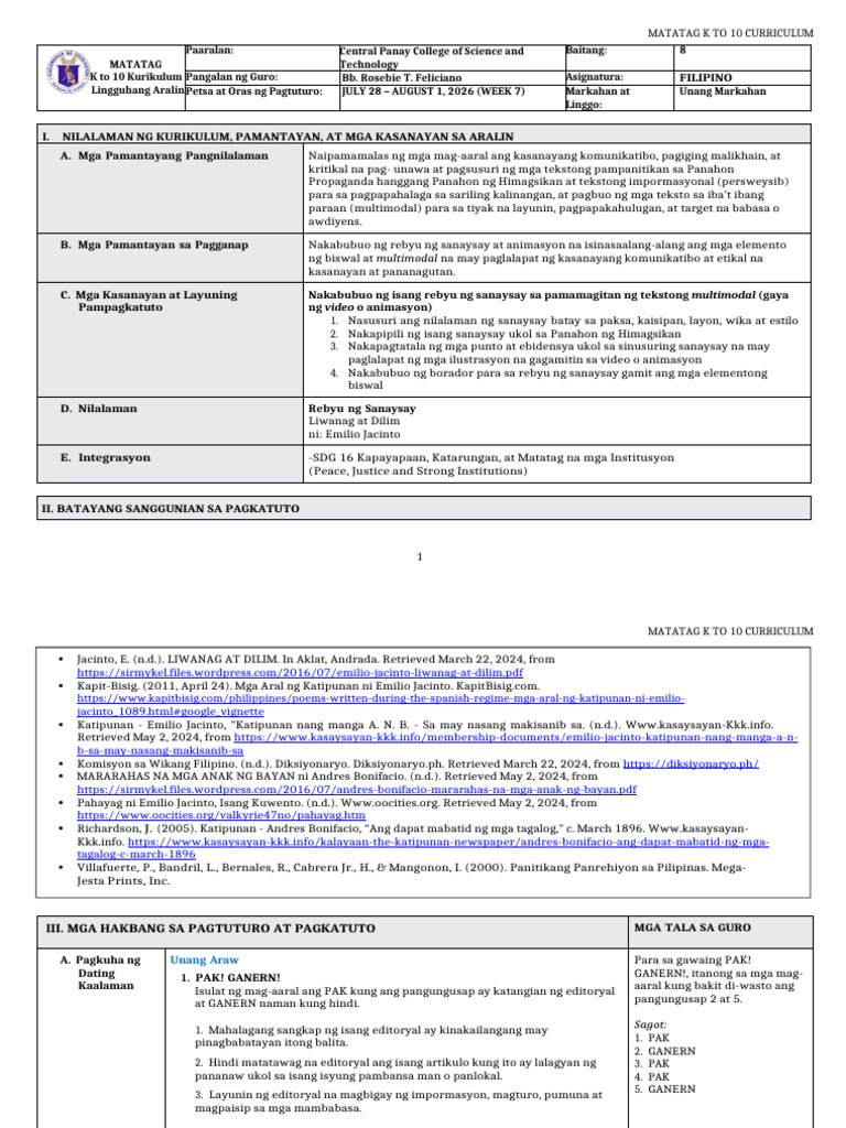 DLL Matatag - Filipino 8 q1 w7 | PDF