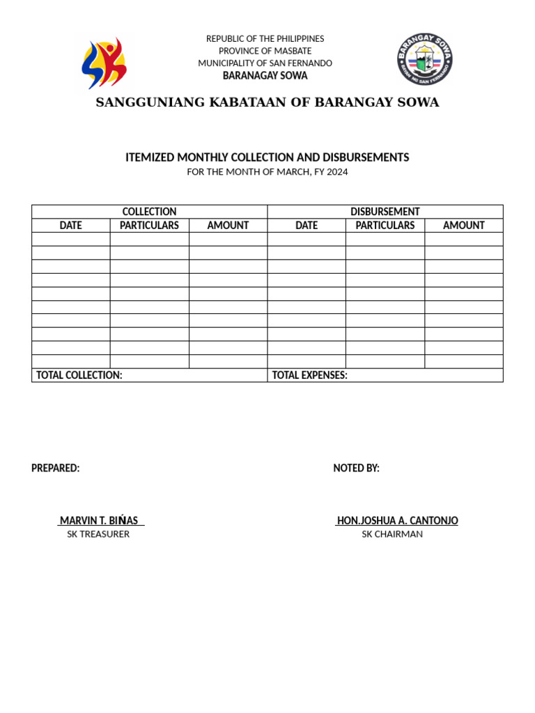 Sk Itemized Monthly Collection and Disbursement | PDF