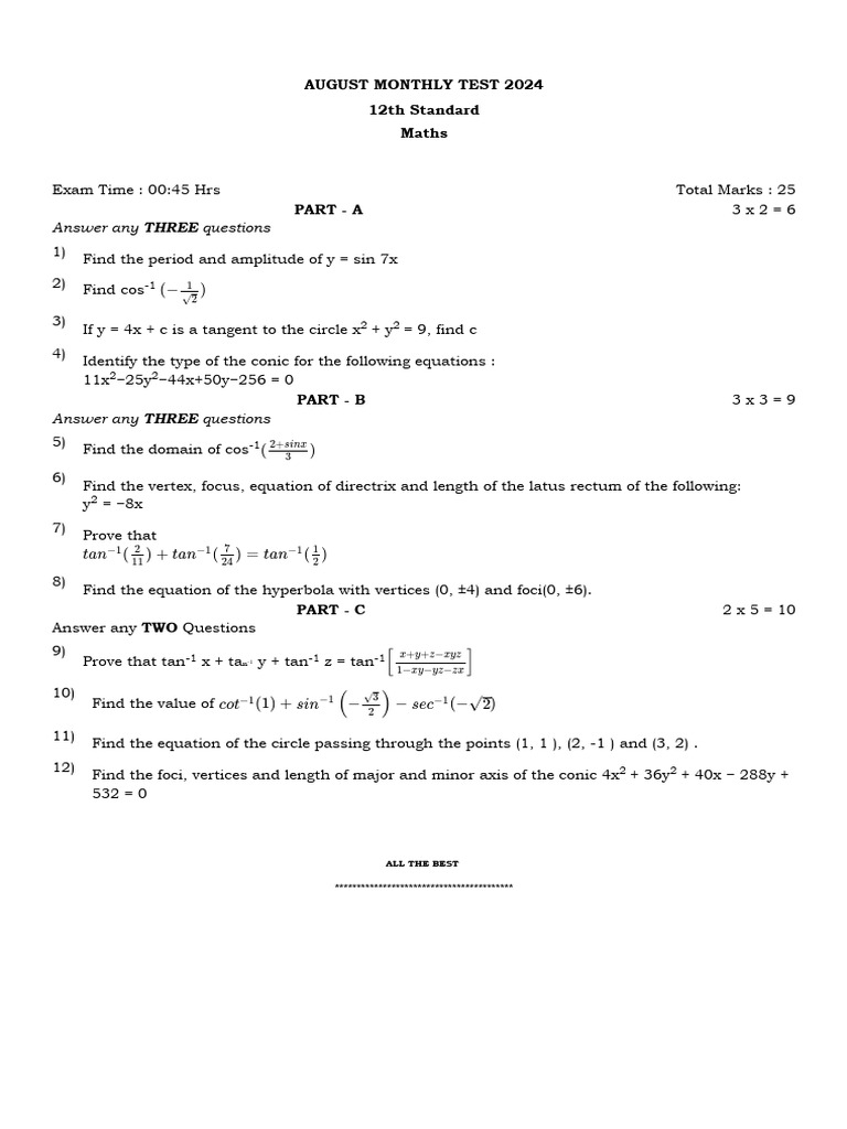 12th Maths Monthly Test 2024 Question Paper Thoothukudi District ...