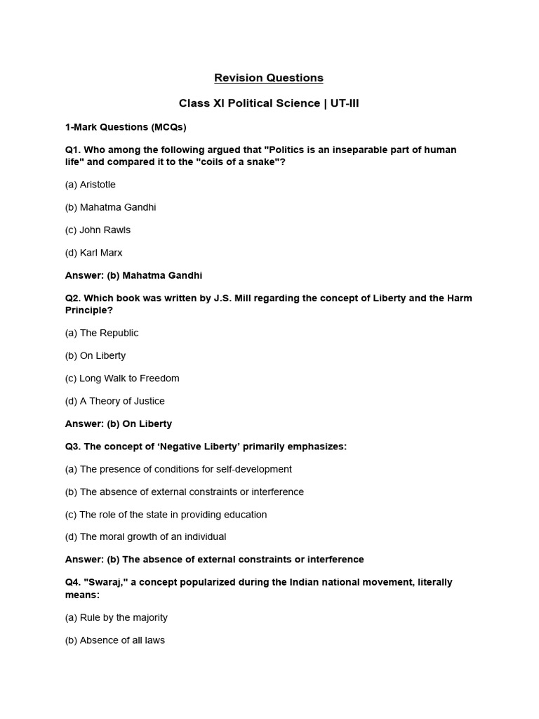 Political Science Revision Questions Class XI - UT-III | PDF | Justice ...