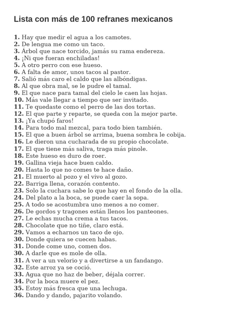 Lista Con Más de 100 Refranes Mexicanos | PDF