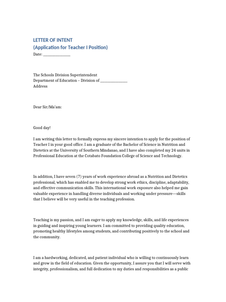 Letter of Intent Teacher I | PDF