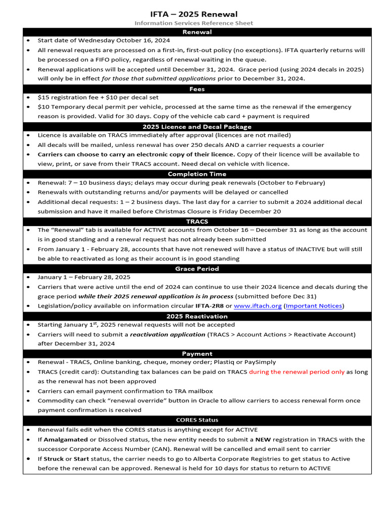 IFTA Renewal Reference Sheet - 2025 | PDF