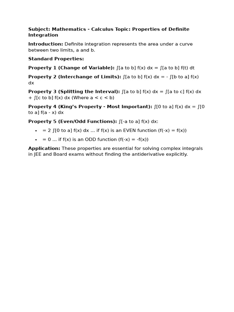 Calculus Topic Properties of Definite Integration | PDF