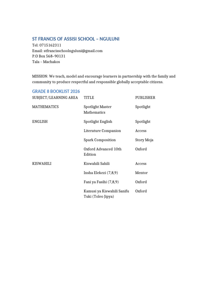 Grade 8 Booklist 2026 | PDF
