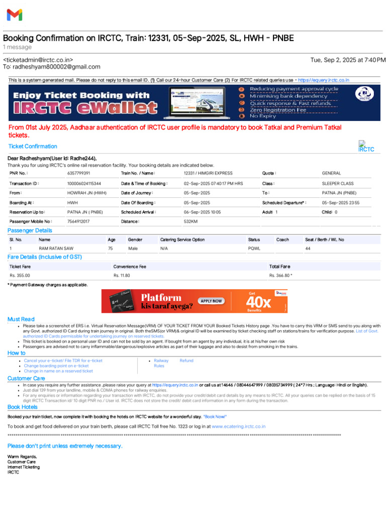 Gmail - Booking Confirmation on IRCTC, Train_ 12331, 05-Sep-2025, SL ...
