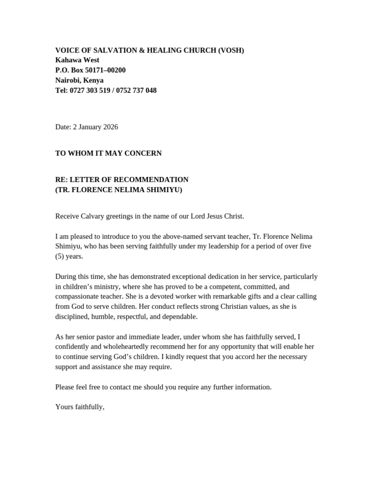 Florence Nelima Recommendation Letter | PDF