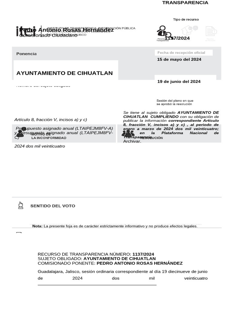 Rt 1137 2024 Ayuntamiento Cihuatlan Cumple | PDF | Privacidad de la ...
