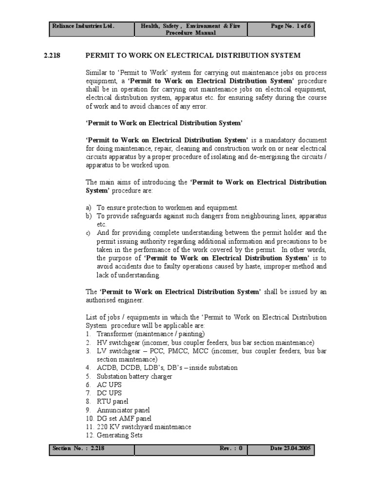 Electrical Work Permit Procedure | PDF | Safety | Electrical Substation