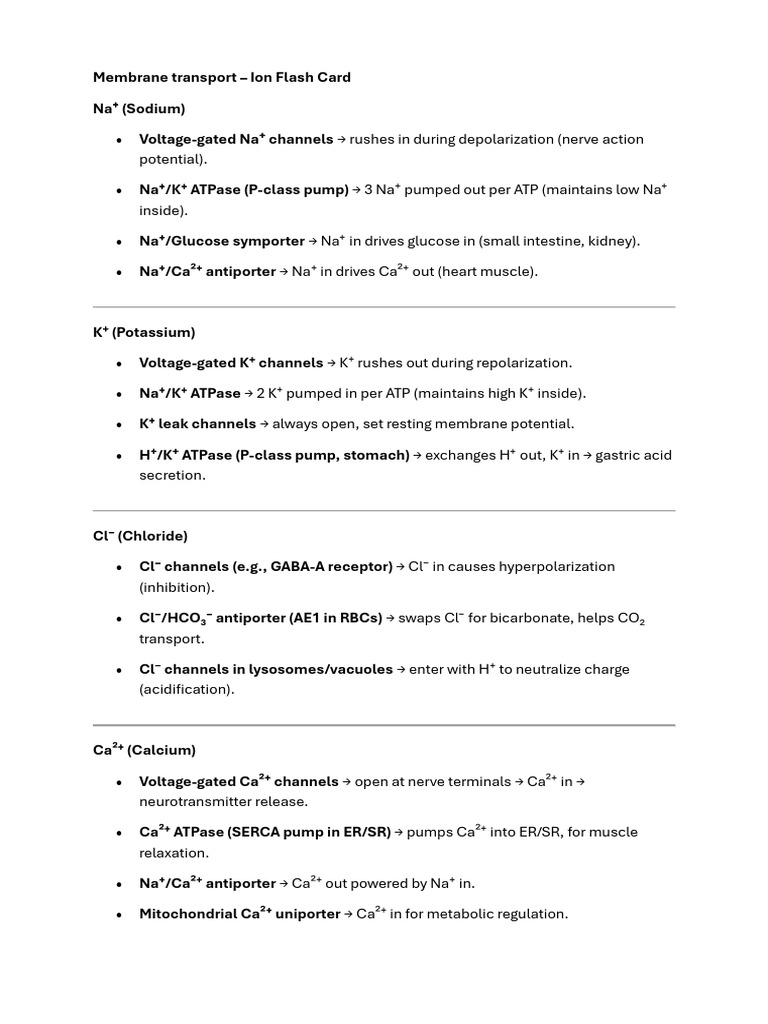 Membrane Transport - Ion Flash Card | PDF