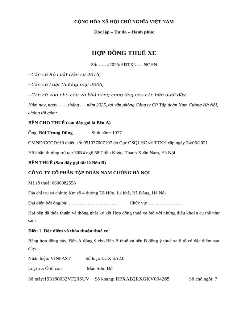 Hop Dong Thue Xe - Bùi Trung Dũng - Chuẩn | PDF