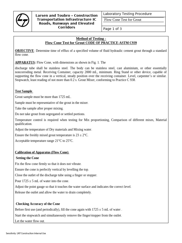 Flow Cone Test For Grout | PDF | Discharge (Hydrology) | Temperature