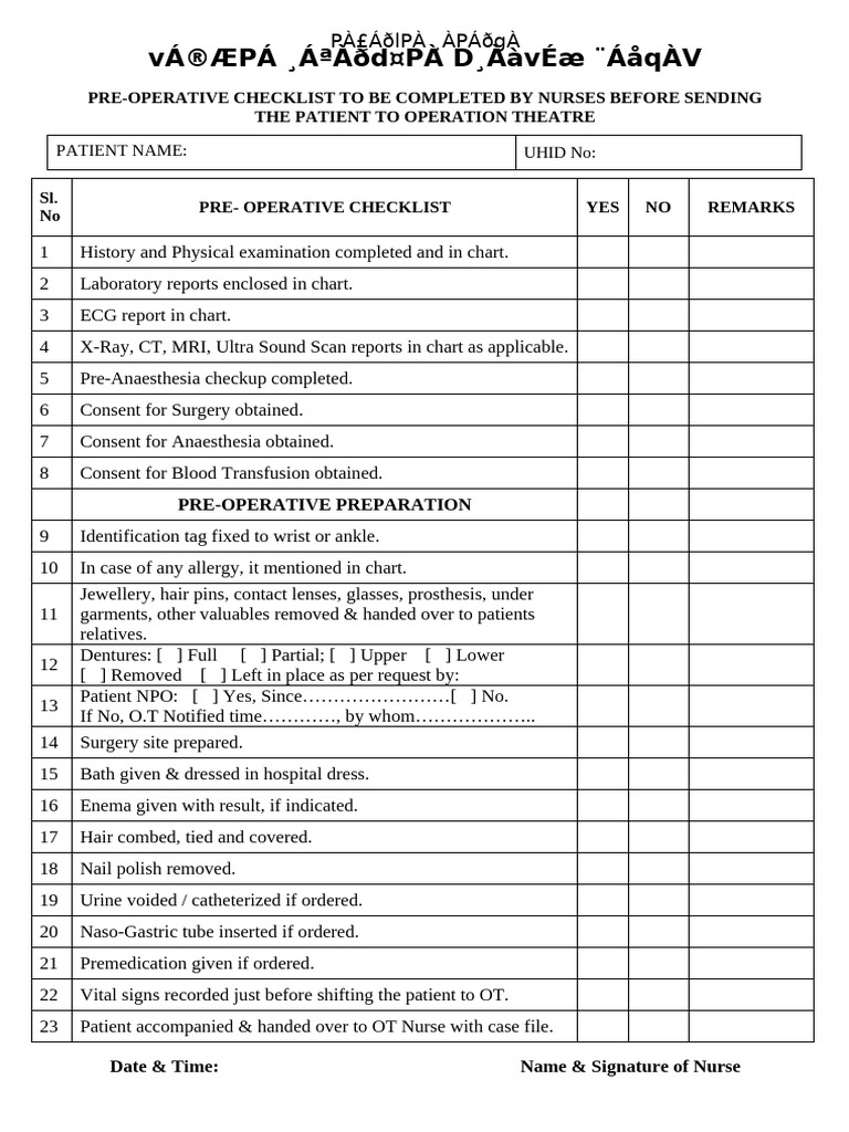 21.pre & POSt OP Check List | PDF | Medicine | Clinical Medicine