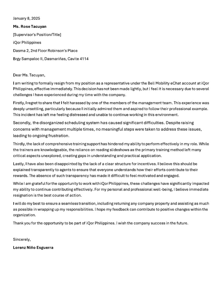 Resignation Letter Iqor | PDF