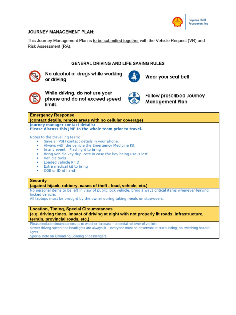 Journey Management Plan Form | PDF | Driving | Land Transport