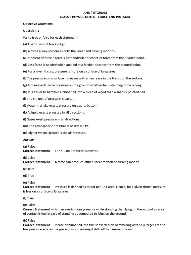 ANU TUTORIALS- CLASS 8 PHYSICS NOTES - FORCE AND PRESSURE | PDF ...