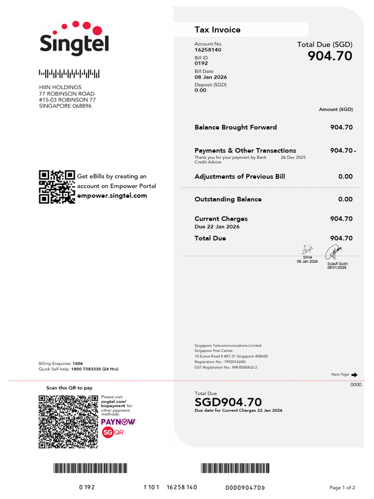 Invoice - Singtel Periode January 26 | PDF | Value Added Tax | Public ...
