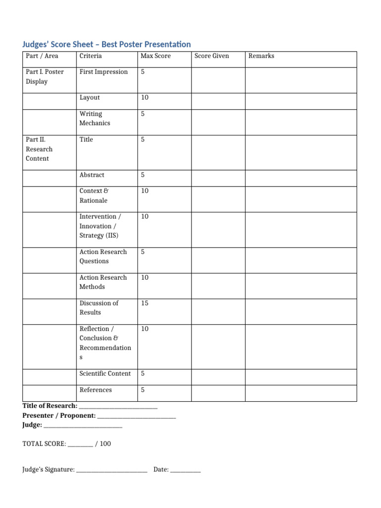 Judges Score Sheet Best Poster Presentation | PDF