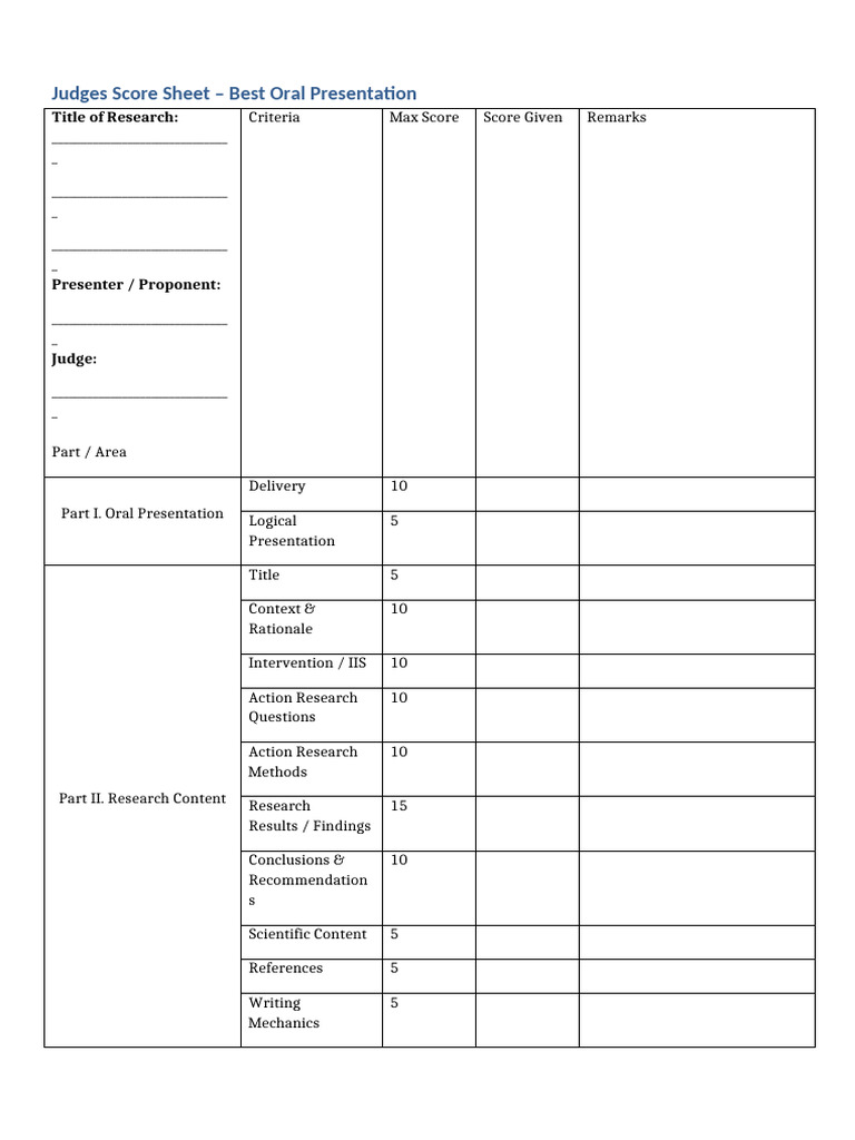 Judges Score Sheet Best Oral Presentation | PDF