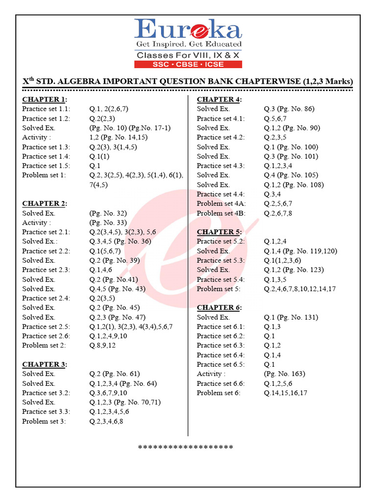 x Sb Algebra Que Bank (1,2,3 Mk) for Practice (Chp. 1-6) | PDF ...
