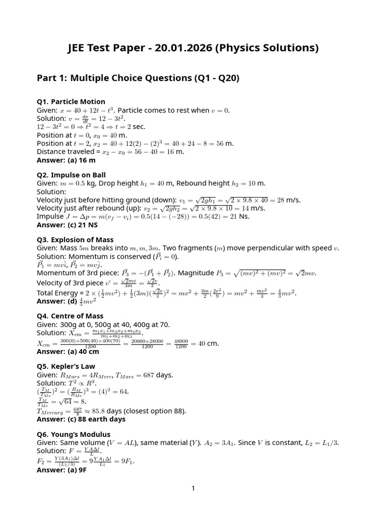 12th Jee Test Paper Sol - 20-01-26 | PDF | Chemical Reactions | Mole (Unit)