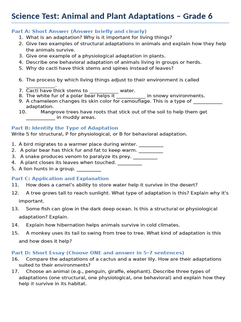Grade 6 Science Test Animal and Plant Adaptations | PDF