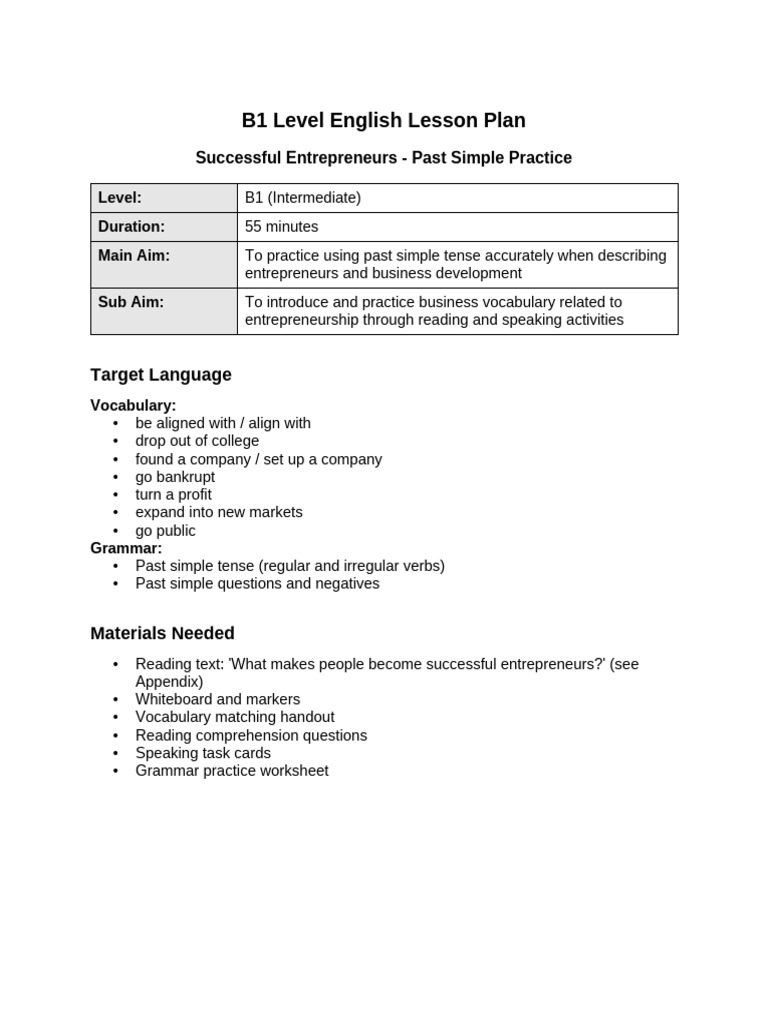 B1 Lesson Plan Entrepreneurs Final | PDF | Entrepreneurship | Vocabulary