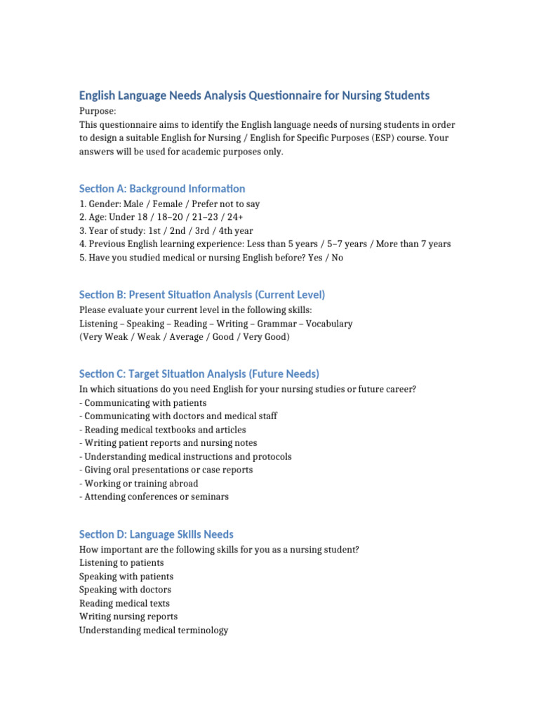 English_Needs_Analysis_Questionnaire_Nursing_Students | PDF | English ...