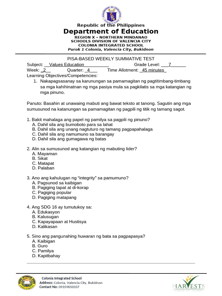 4th Quarter Values Education Week 1 | PDF