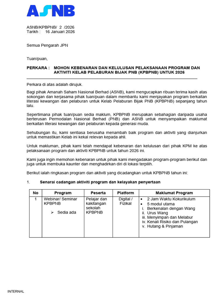 Surat Kepada JPN - Kebenaran Perlaksanaan Program & Aktiviti KPBPNB ...