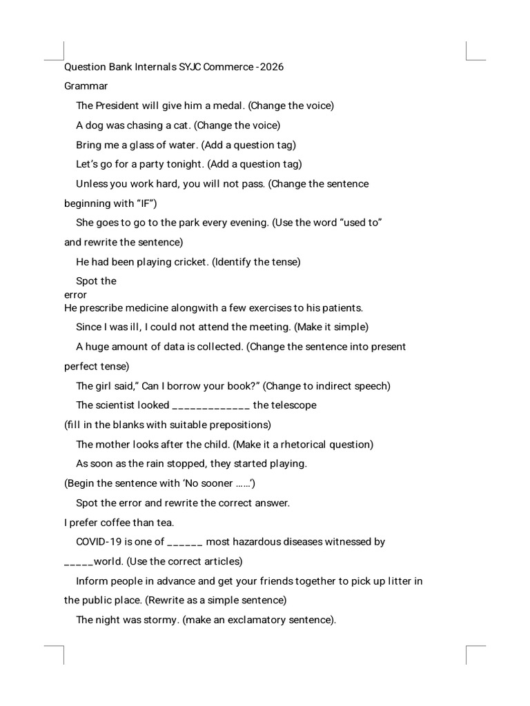 Question Bank Internals SYJC Commerce 2026 | PDF | Novels | Linguistics