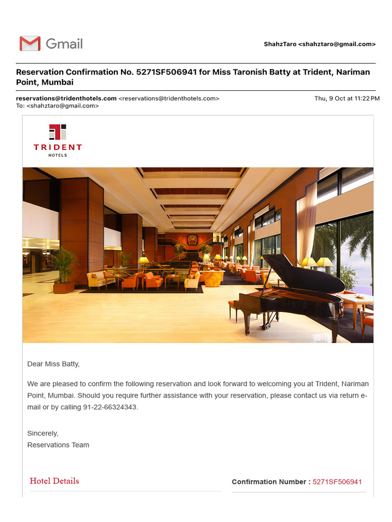 Reservation Confirmation No. 5271SF506941 for Miss Taronish Batty at ...