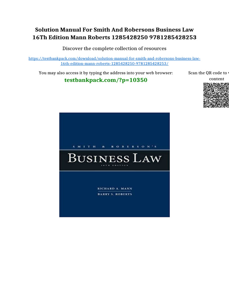 Solution Manual for Smith and Robersons Business Law 16th Edition Mann ...