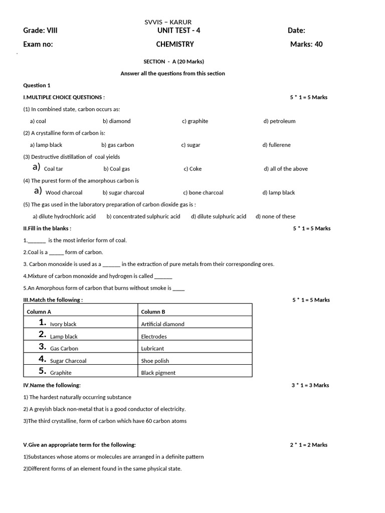 Grade 8 Chemistry QP UNIT TEST - 4 17-2-2025 | PDF | Carbon | Charcoal