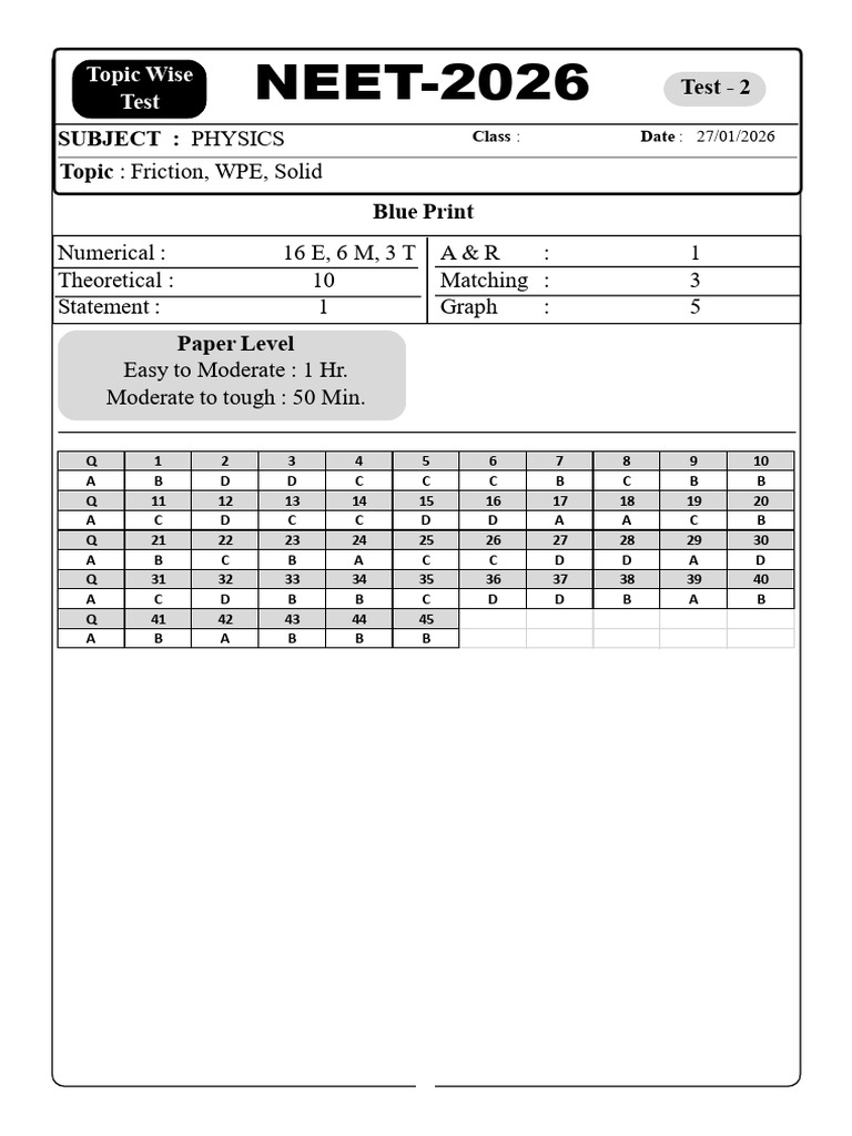 Topic Wise TEST - 27!1!2026 - Key & Solution | PDF