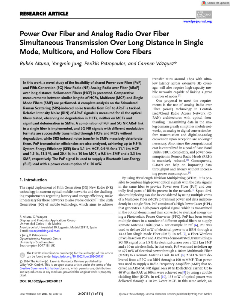 DOI 10.1002lpor.202400157 | PDF | Fiber Optic Communication | Optical Fiber