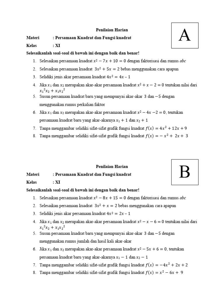PH Persamaan Kuadrat Dan Fungsi Kuadrat Kelas XI | PDF